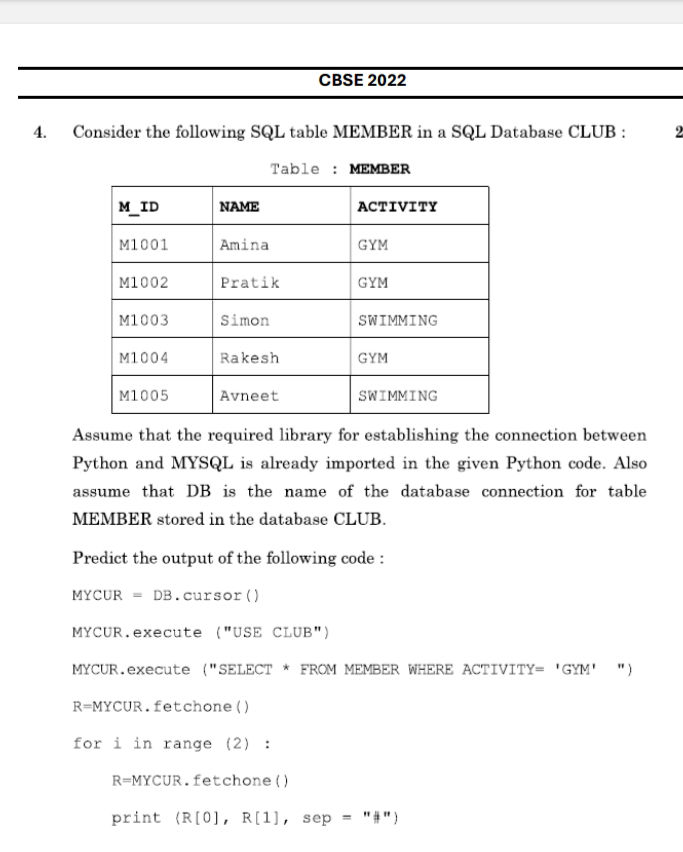 Consider the following SQL table MEMBER in a | StudyX