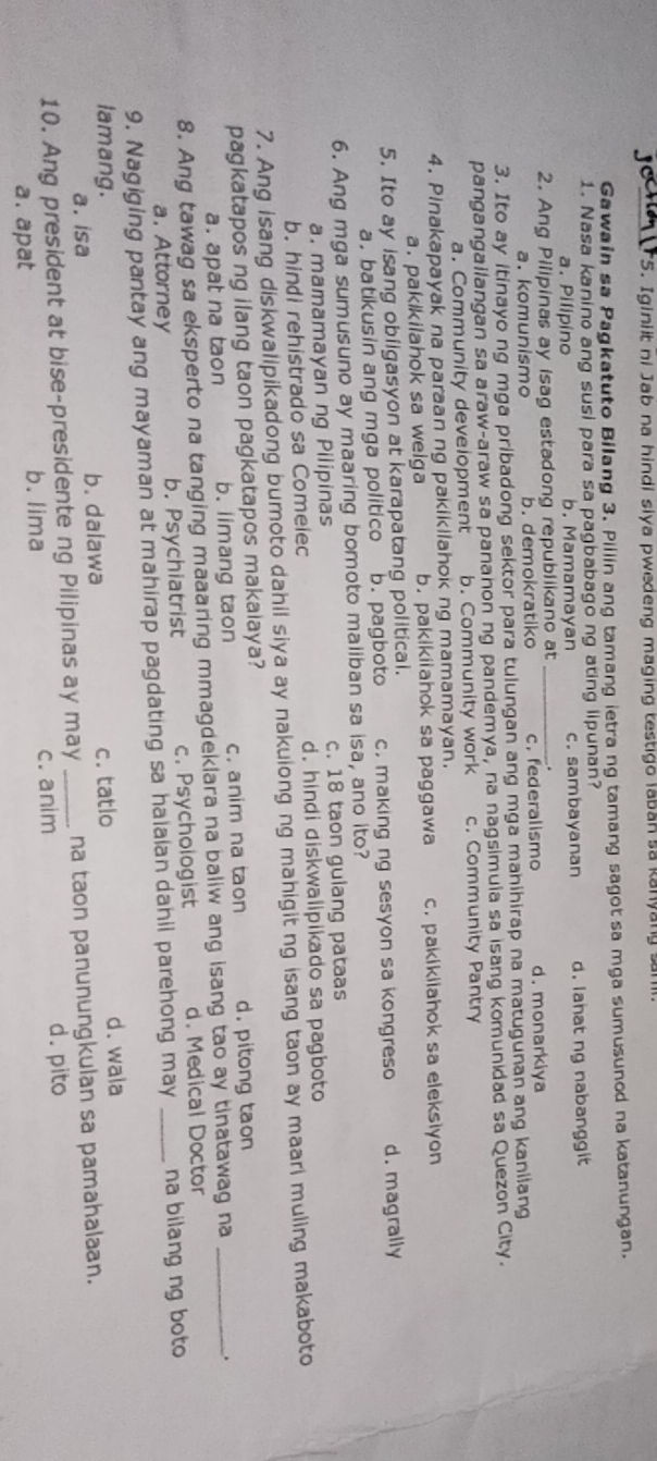 Gawain sa Pagkatuto Bilang 3. Piliin ang | StudyX