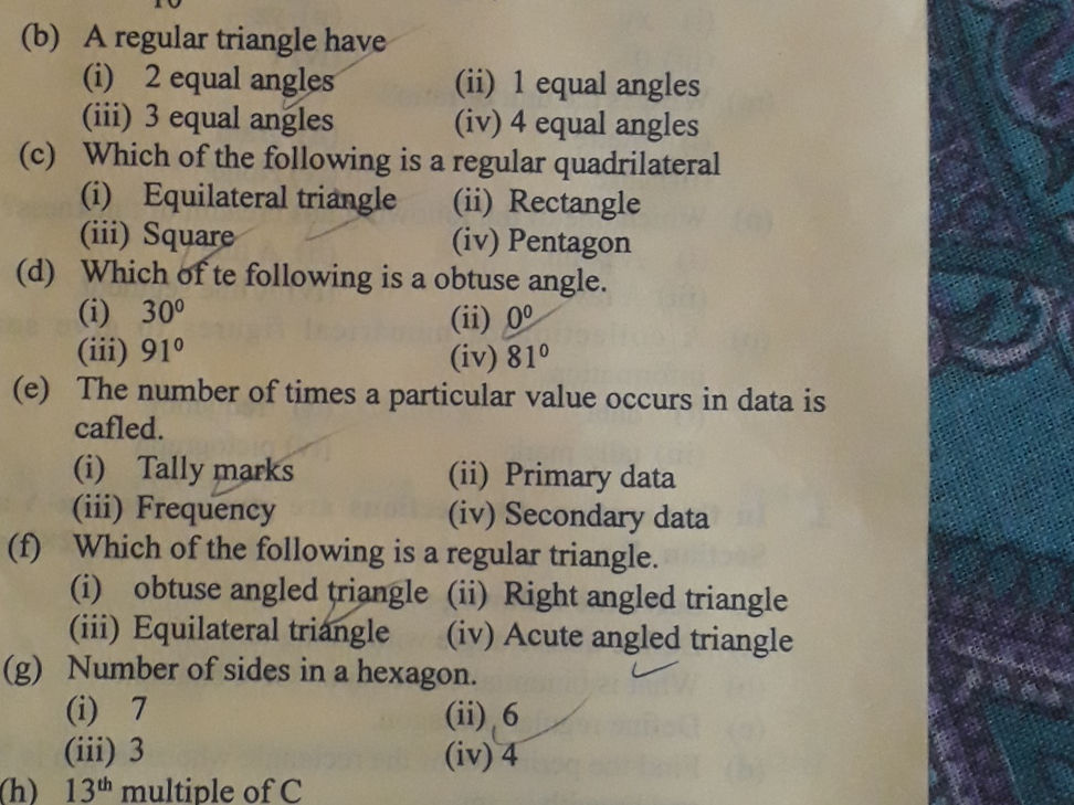 (b) A regular triangle have (i) 2 equal | StudyX