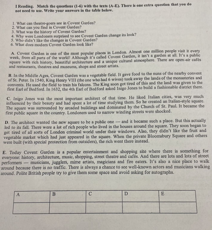 I Reading. Match the questions (1-6) with | StudyX
