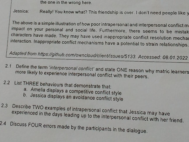 2.1 Define the term 'interpersonal conflict'