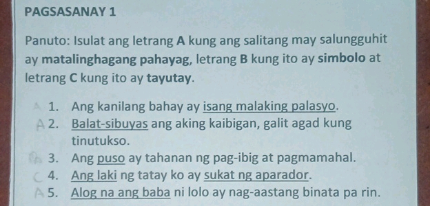 PAGSASANAY 1 Panuto: Isulat ang letrang A | StudyX