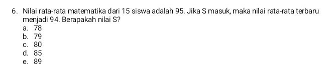 6. Nilai rata-rata matematika dari 15 siswa | StudyX