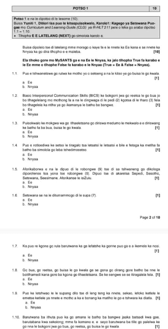 POTSO 1 Potso 1 e na le dipotso di le lesome | StudyX