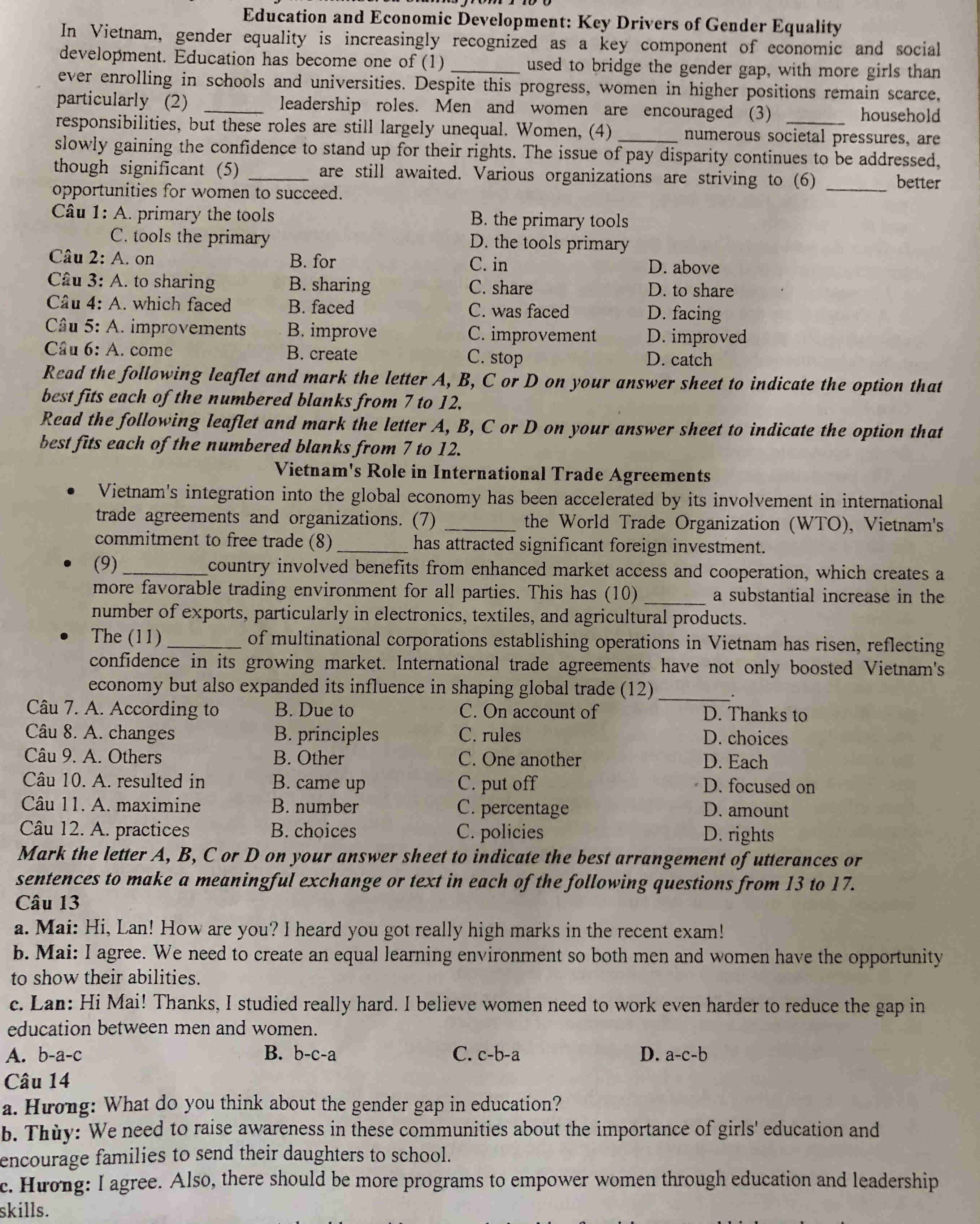 Câu 1: A. primary the tools C. tools the | StudyX
