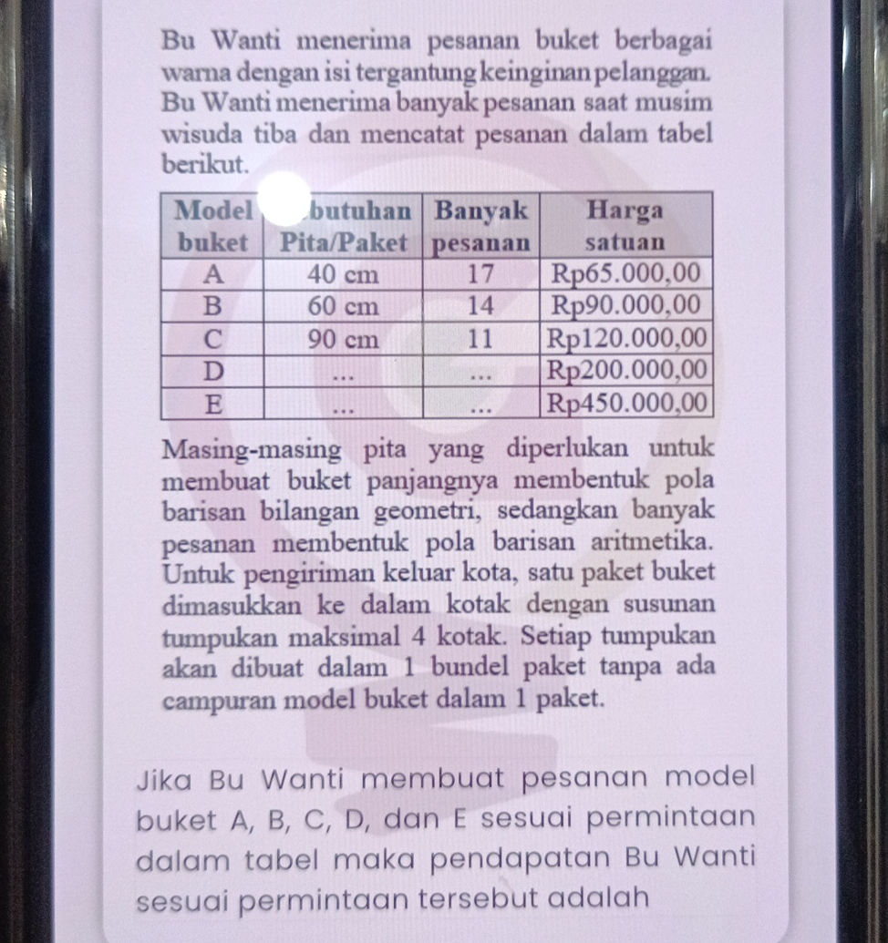 Berikut adalah tabel pesanan buket: | Model | StudyX