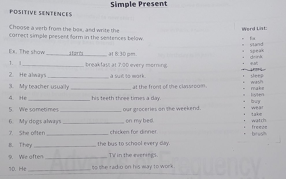 Simple Present POSITIVE SENTENCES Choose a | StudyX