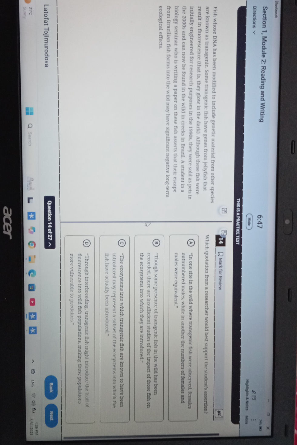 Which quotation from a researcher would best | StudyX