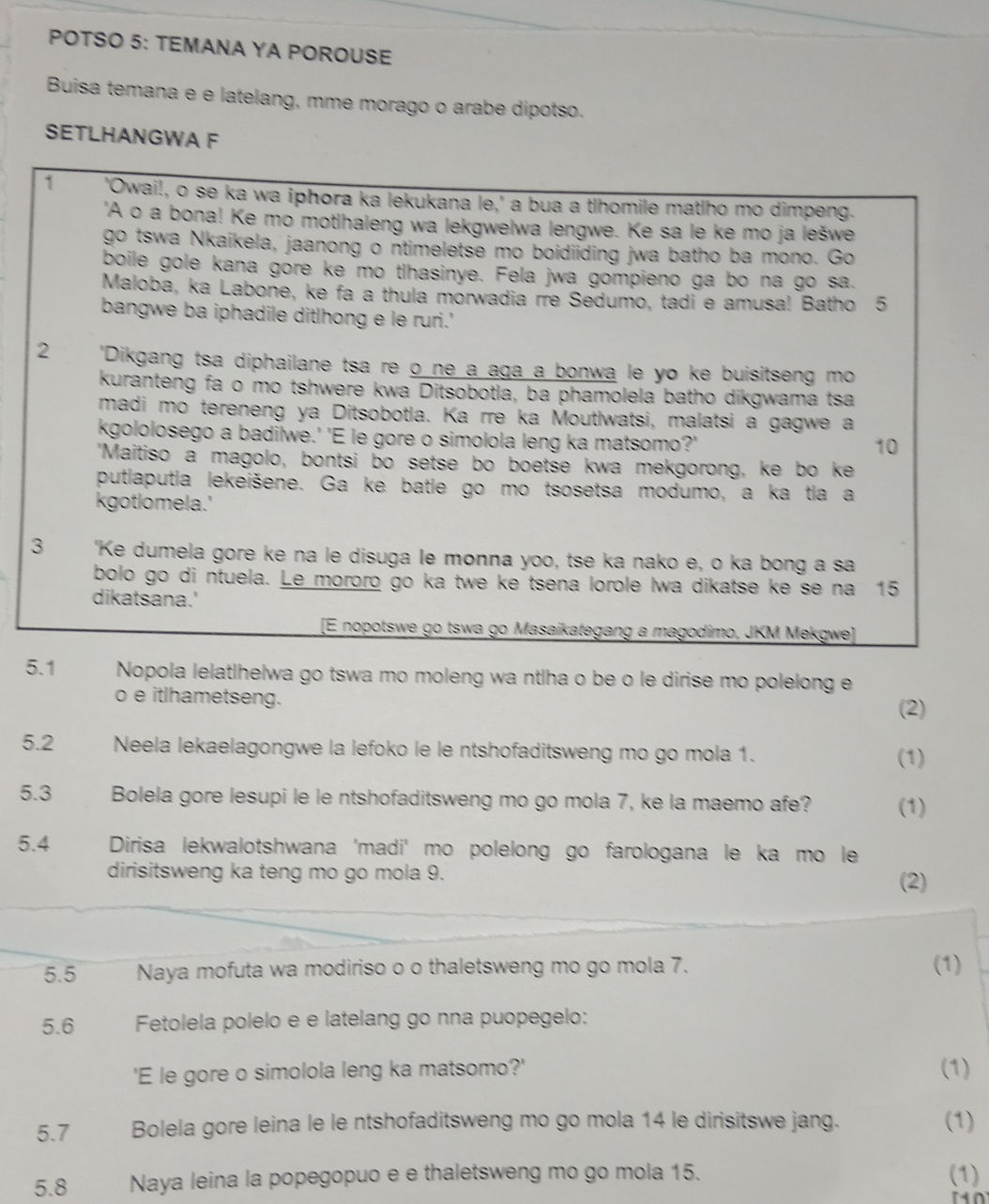 1. 'Owai!, o se ka wa iphora ka lekukana | StudyX