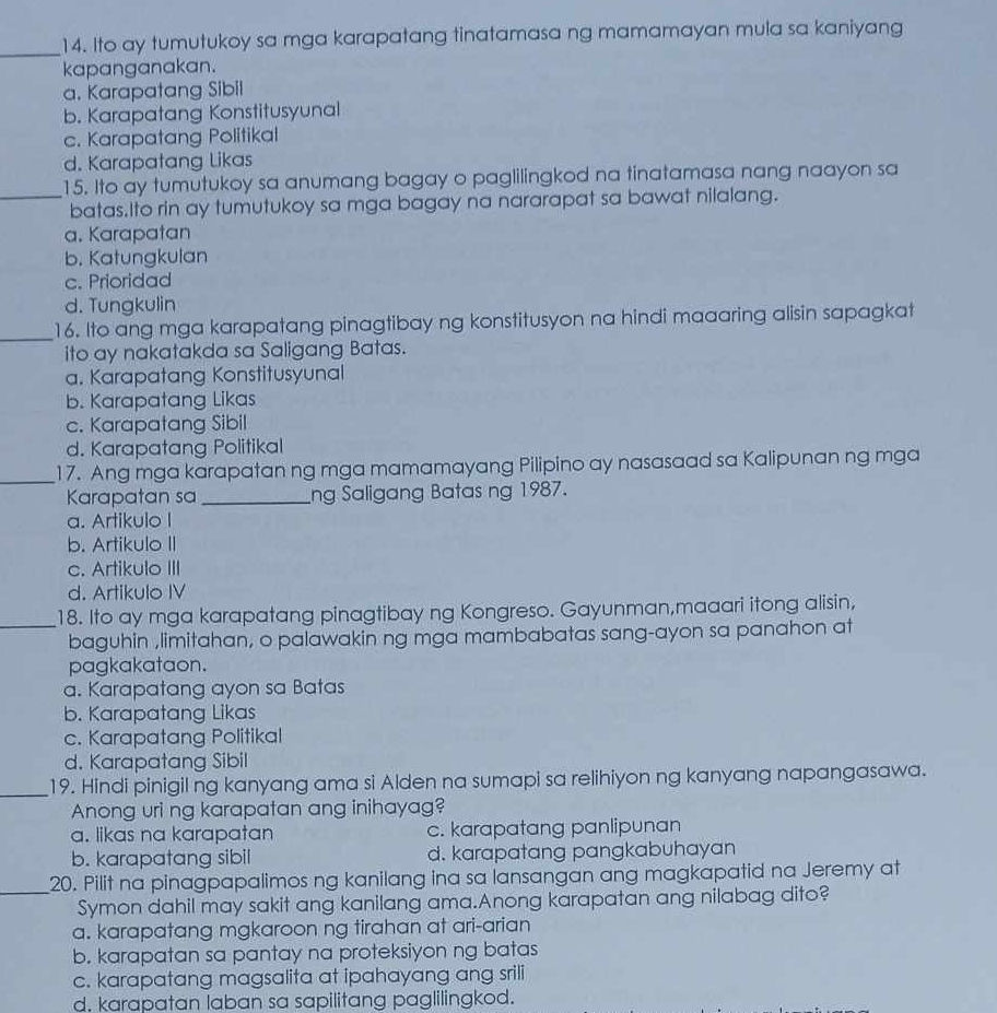14. Ito ay tumutukoy sa mga karapatang | StudyX
