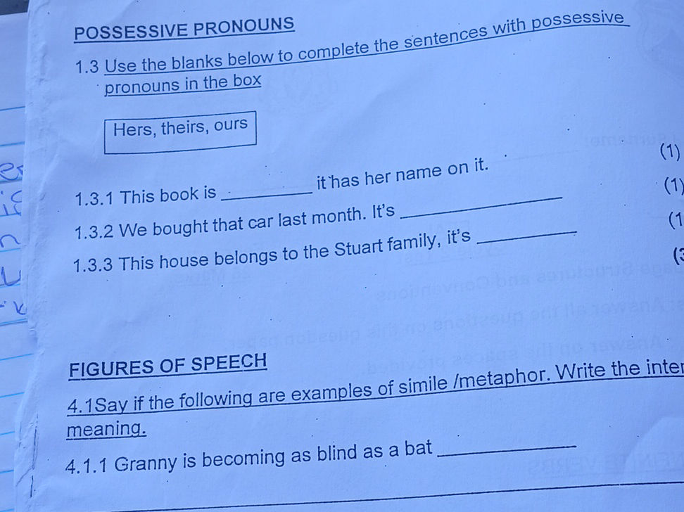 POSSESSIVE PRONOUNS 1.3 Use the blanks below | StudyX