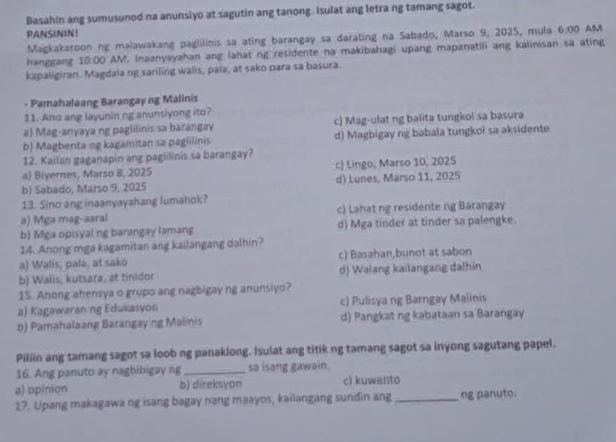 Basahin ang sumusunod na anunsiyo at sagutin | StudyX