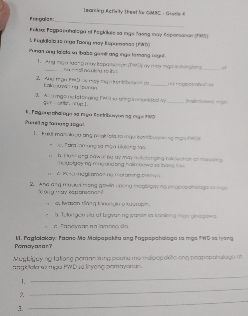 Learning Activity Sheet for GMRC - Grade 4 | StudyX