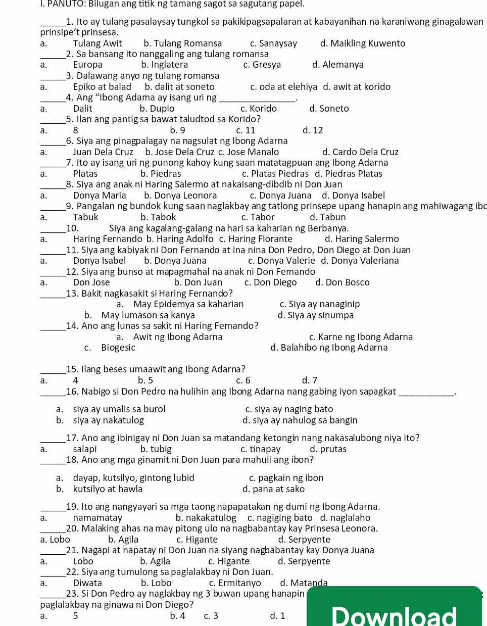 I. PANUTO: Bilugan ang titik ng tamang sagot | StudyX