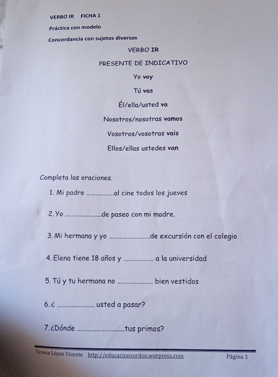 VERBO IR FICHA 1 Práctica con modelo | StudyX