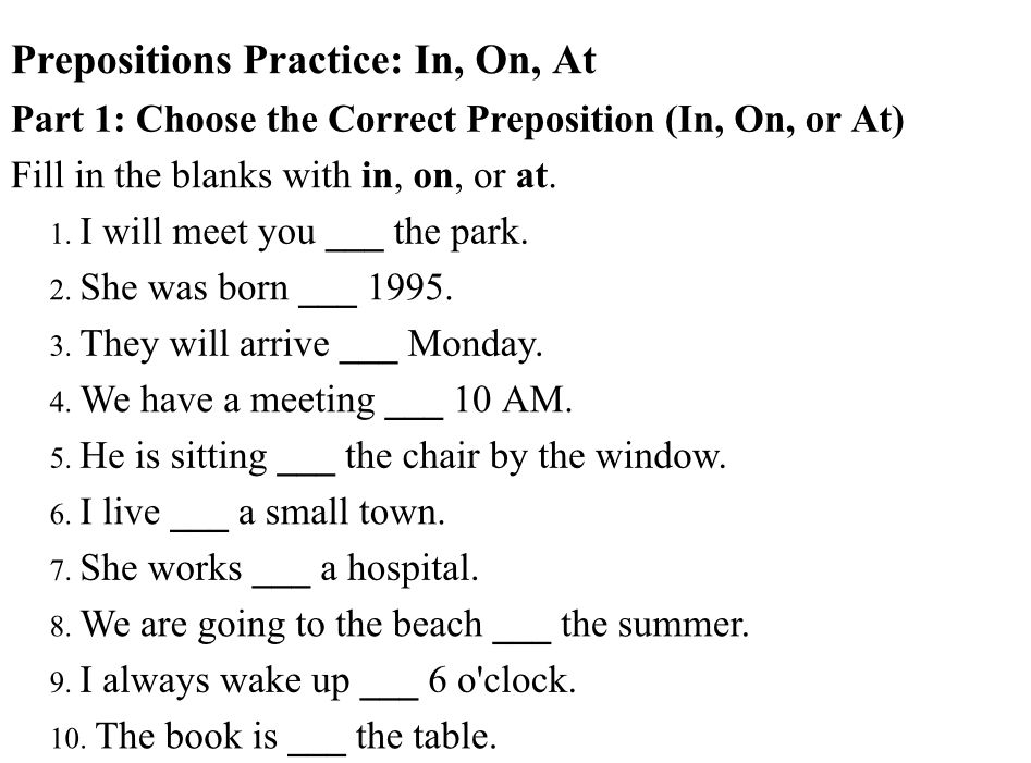 Prepositions Practice: In, On, At Part 1: | StudyX