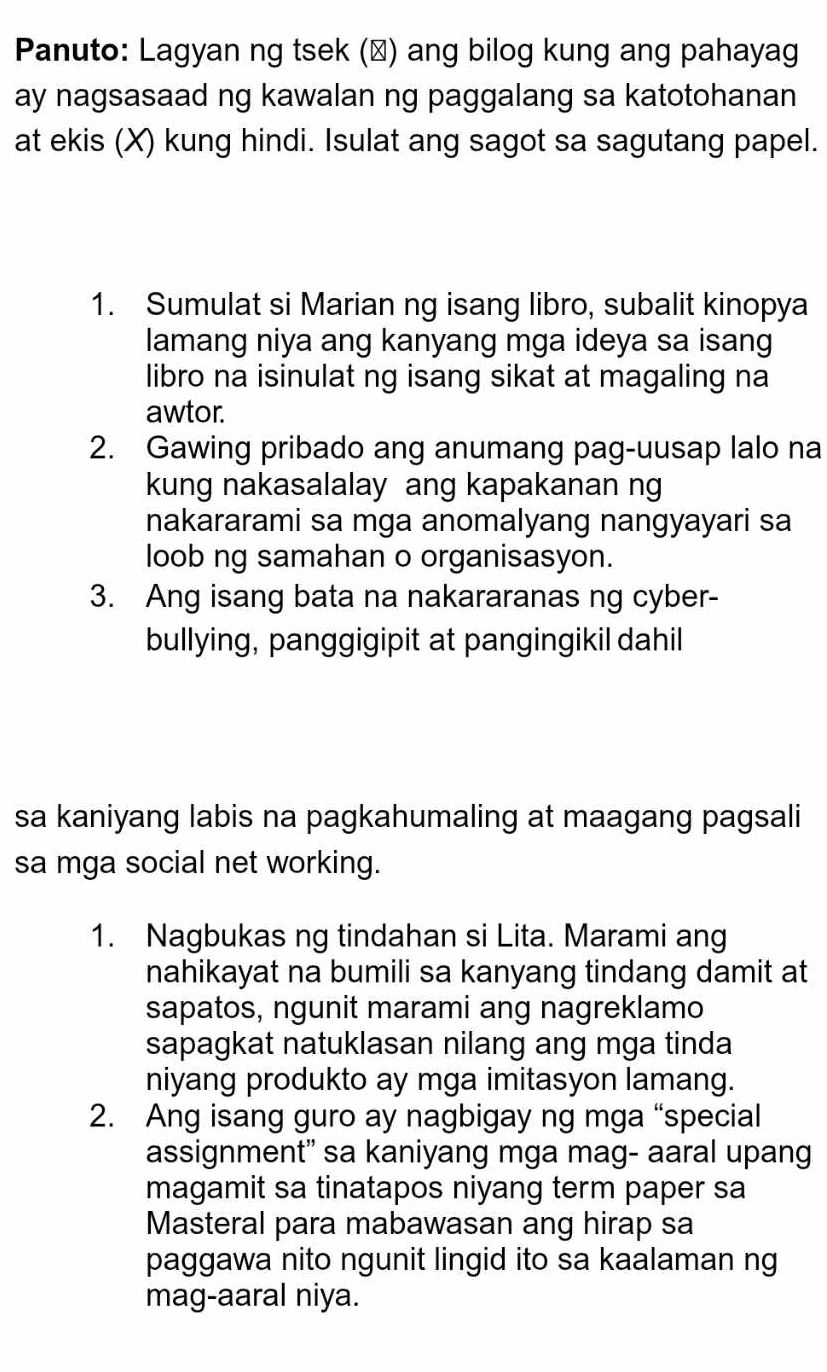 Panuto: Lagyan ng tsek (☑) ang bilog kung | StudyX