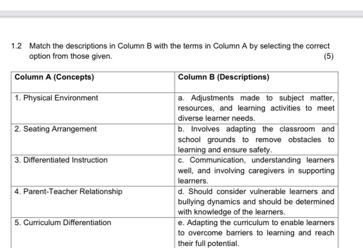 1.2 Match the descriptions in Column B with | StudyX