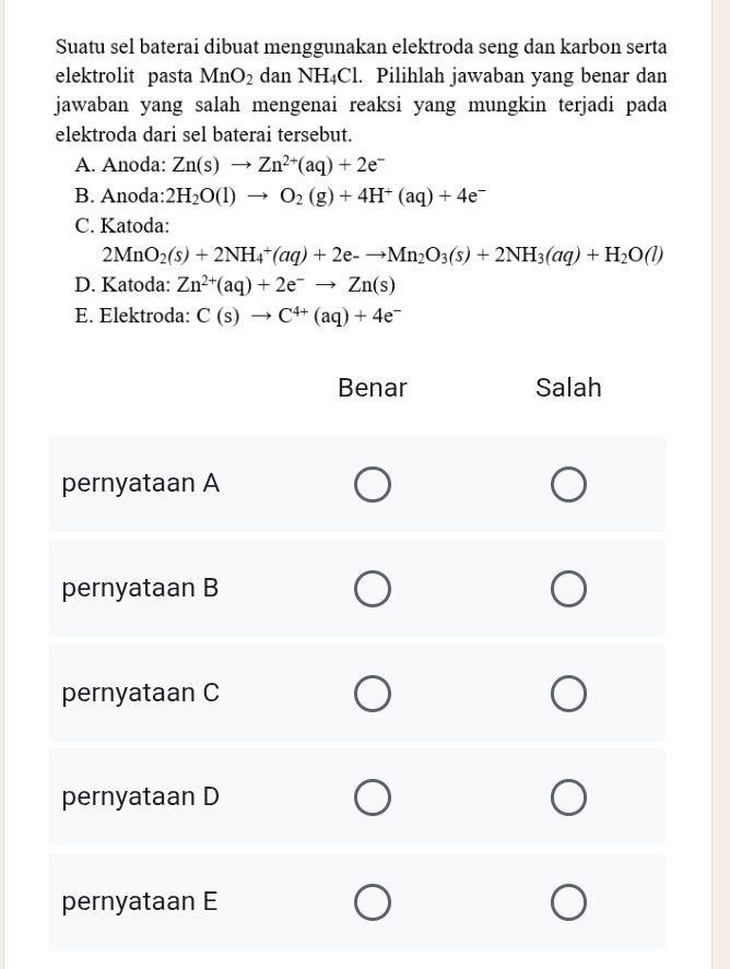 Suatu sel baterai dibuat menggunakan | StudyX