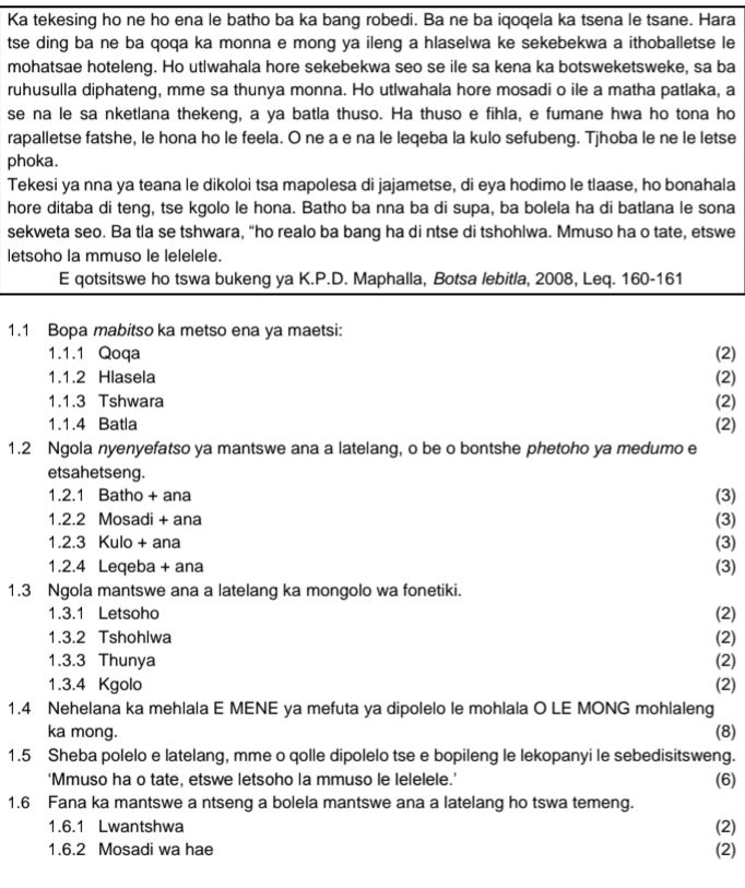 1.1 Bopa mabitso ka metso ena ya maetsi: | StudyX