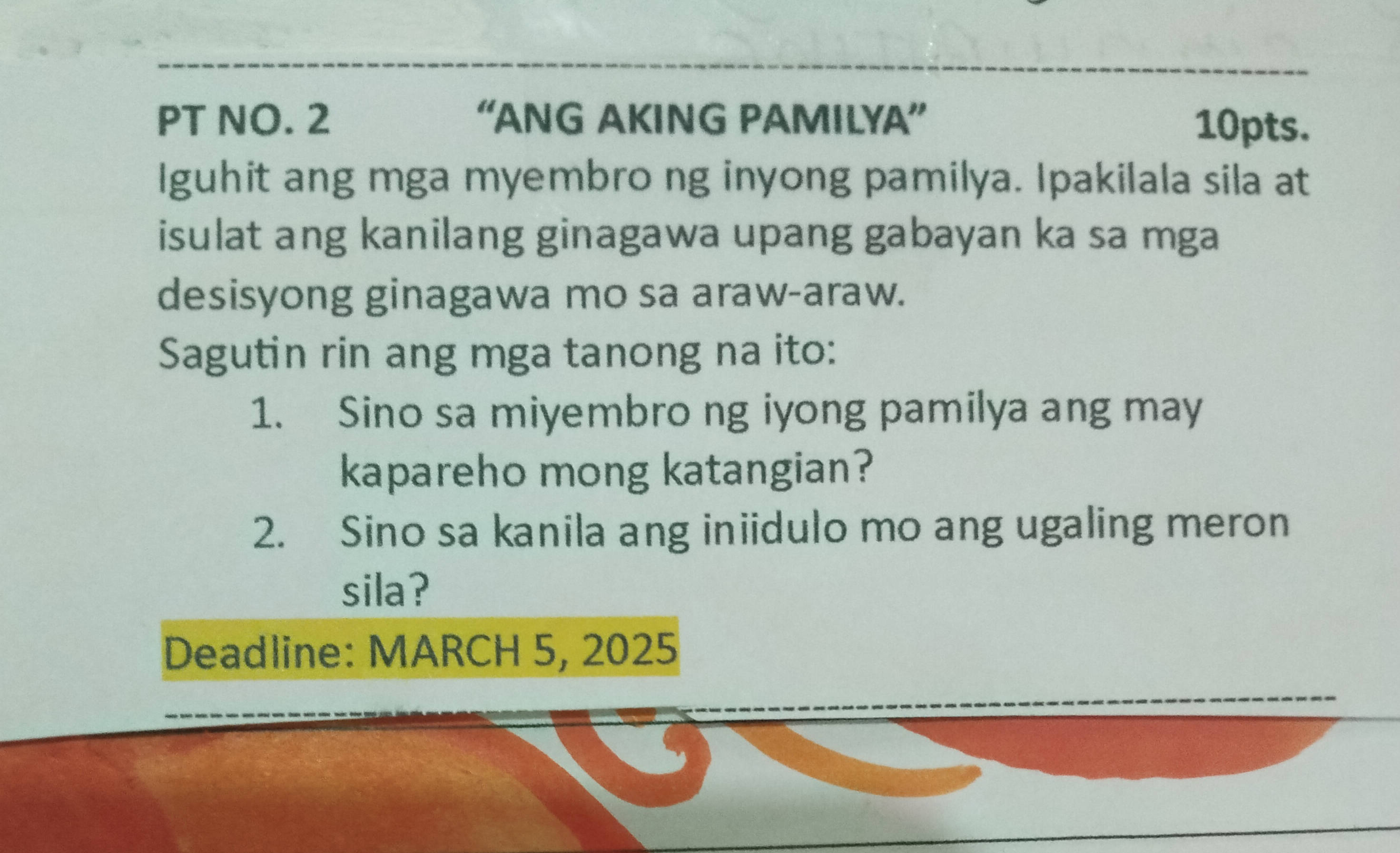 PT NO. 2 "ANG AKING PAMILYA" Iguhit ang mga | StudyX