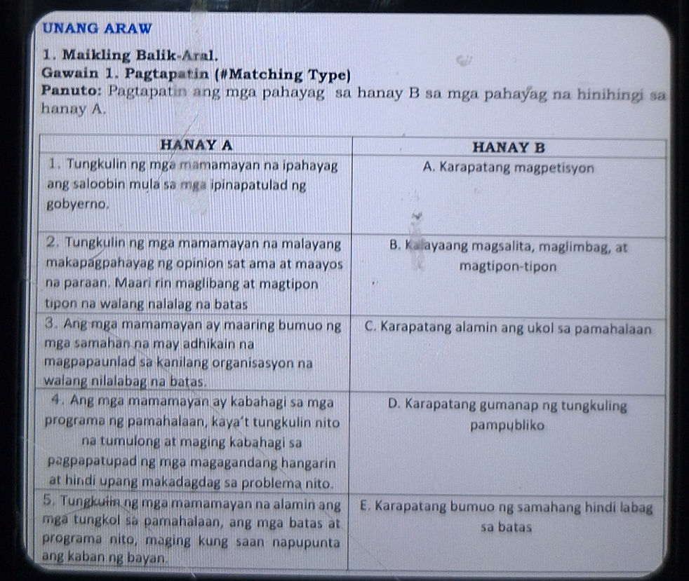 UNANG ARAW 1. Maikling Balik-Aral. Gawain | StudyX