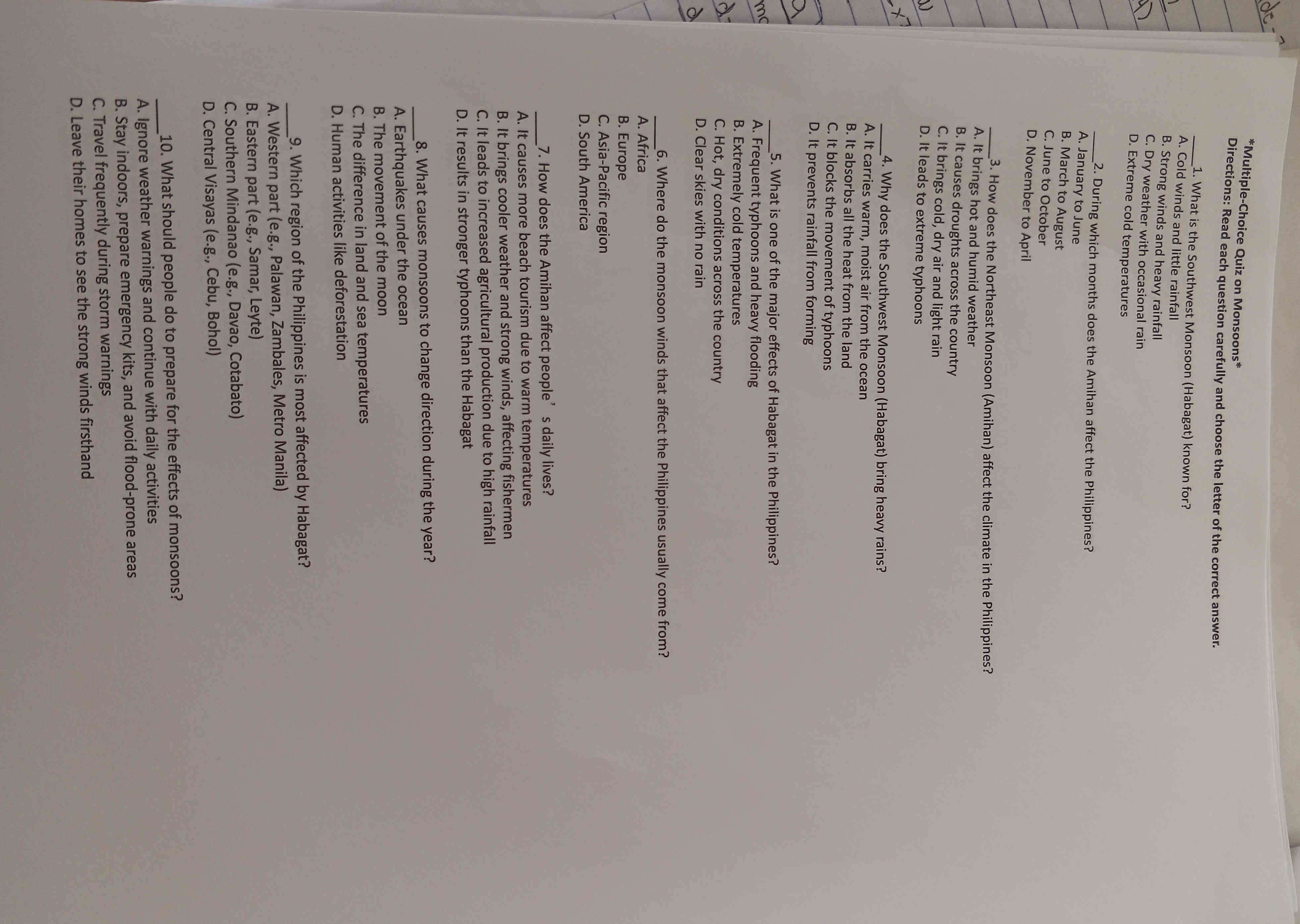 *Multiple-Choice Quiz on Monsoons* | StudyX