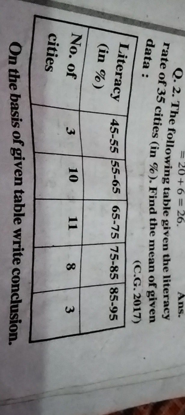 Q. 2. The following table given the literacy | StudyX