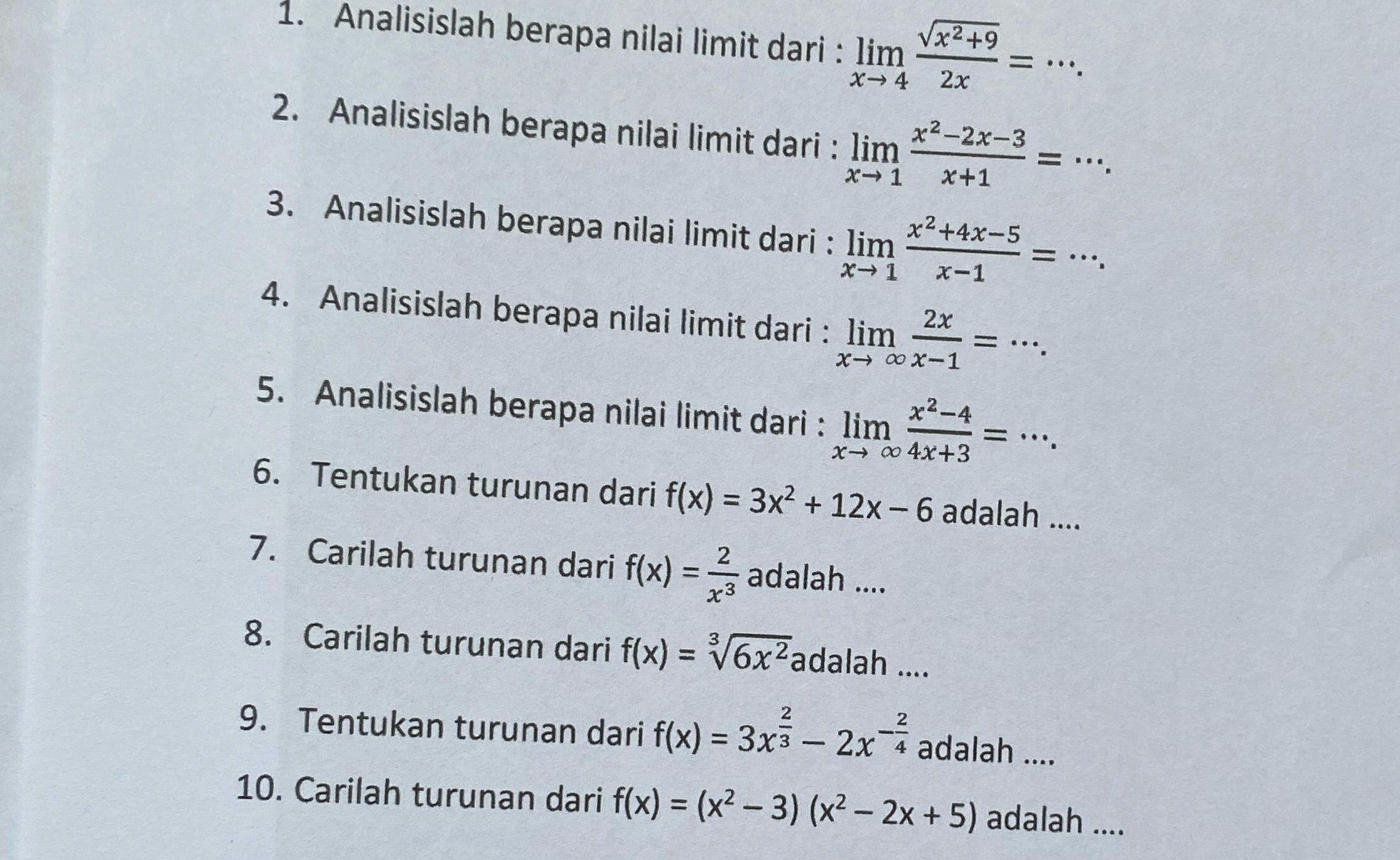 1. Analisislah berapa nilai limit dari : | StudyX