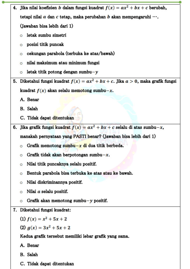 4. Jika nilai koefisien $b$ dalam fungsi | StudyX