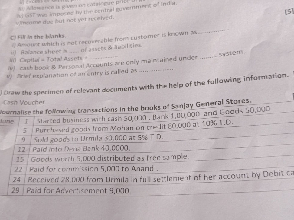 C) Fill in the blanks. i) Amount which is | StudyX