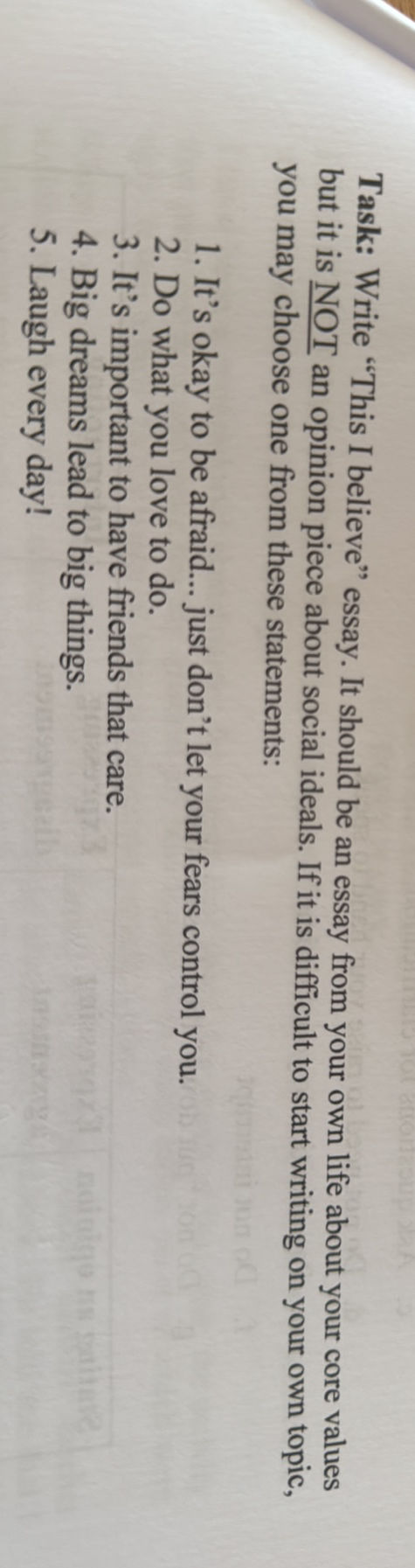 Task: Write “This I believe” essay. It | StudyX