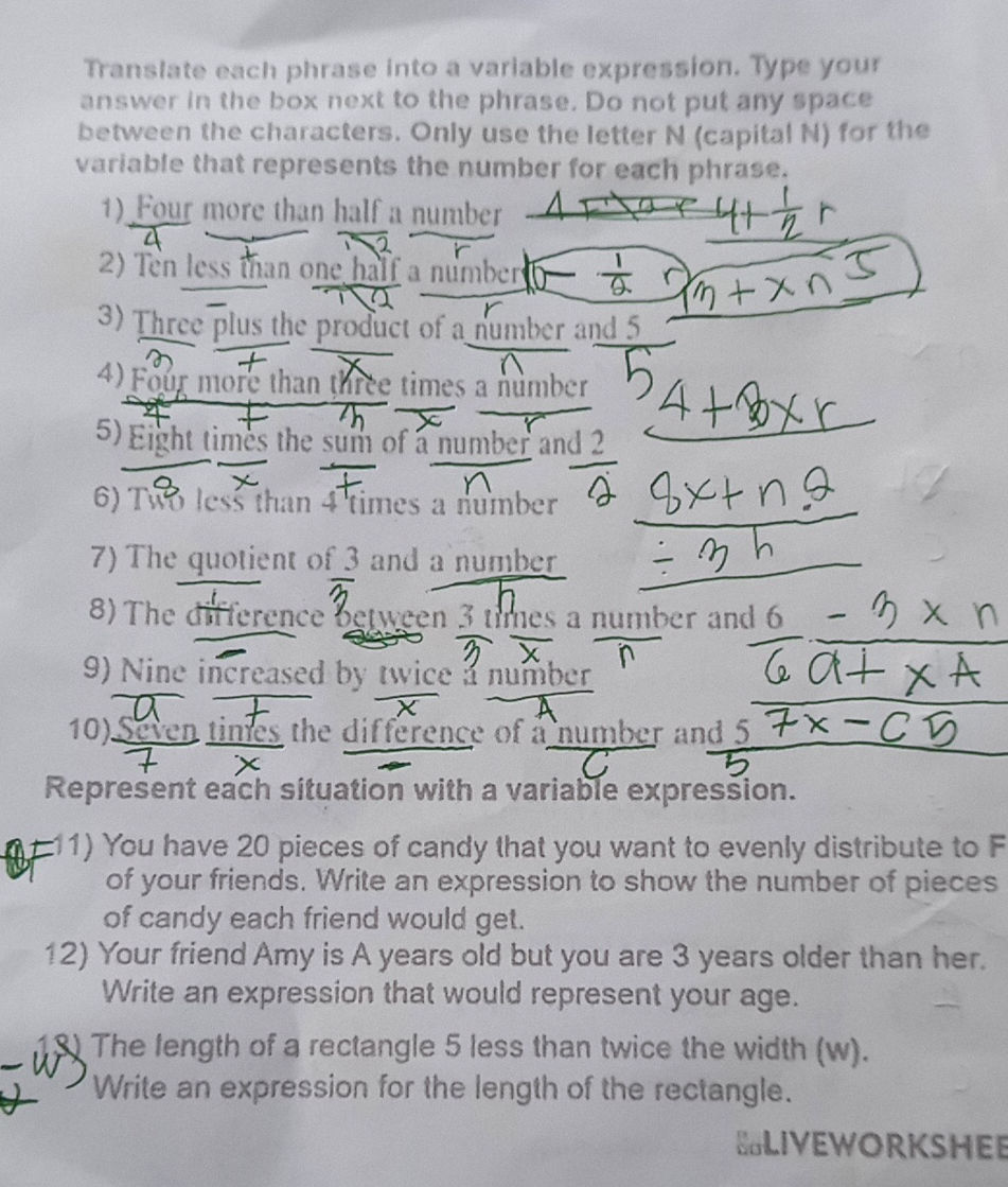 1) Four more than half a number 2) Ten less | StudyX