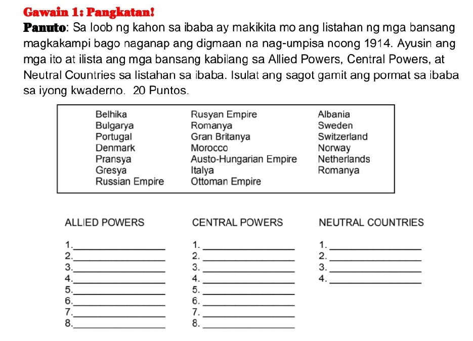 Gawain 1: Pangkatan! Panuto: Sa loob ng | StudyX