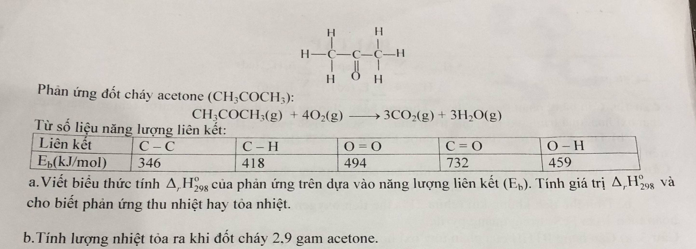 Phản ứng đốt cháy acetone (CH3COCH3): | StudyX