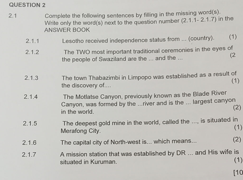 2.1 Complete the following sentences by | StudyX
