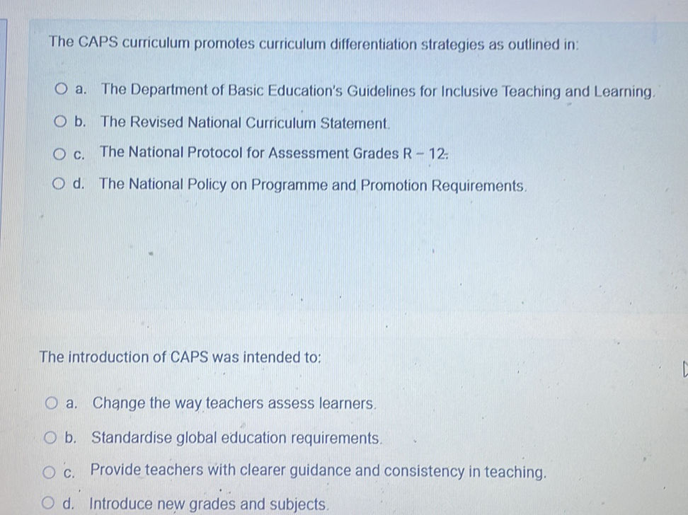 The CAPS curriculum promotes curriculum | StudyX