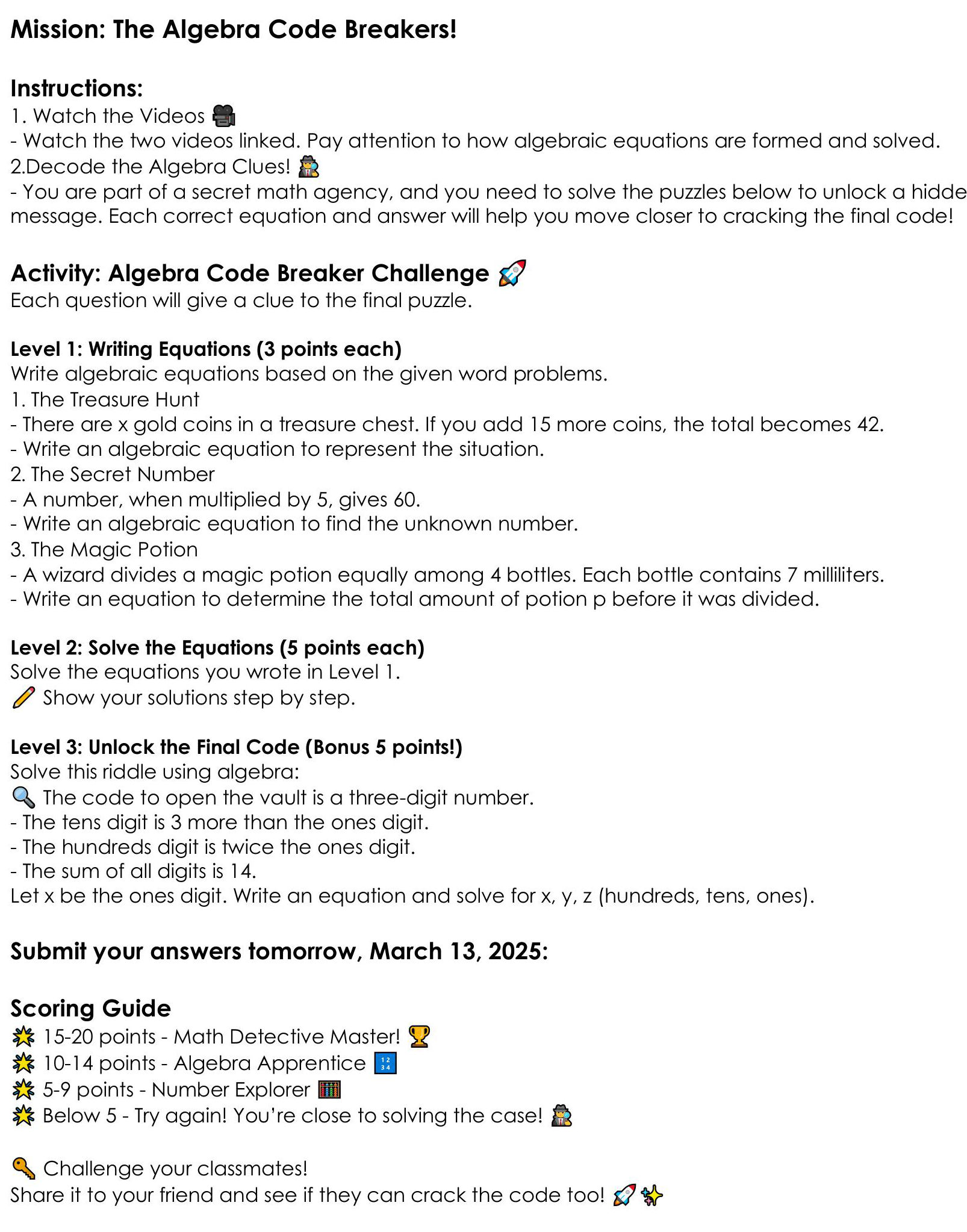 Level 1: Writing Equations (3 points each) | StudyX