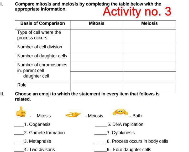 I. Compare mitosis and meiosis by completing | StudyX
