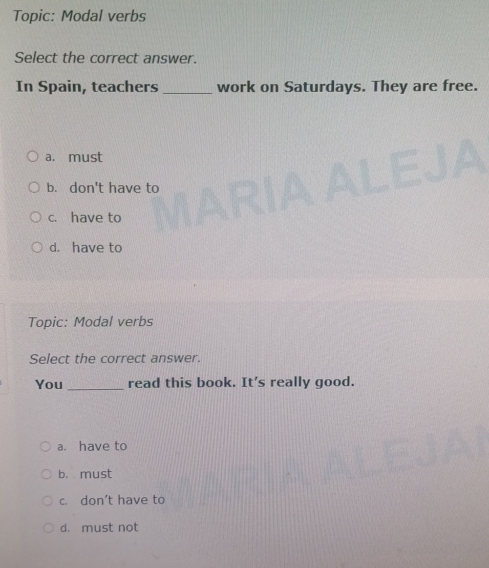 Topic: Modal verbs Select the correct | StudyX