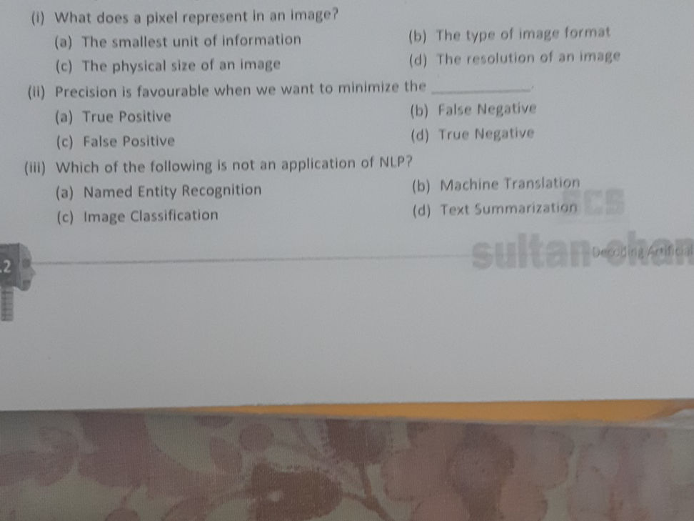 (i) What does a pixel represent in an image? | StudyX