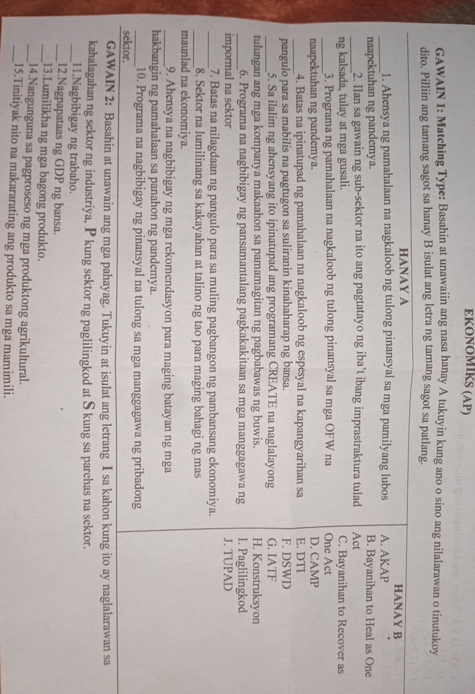 GAWAIN 1: Matching Type: Basahin at unawaiin | StudyX