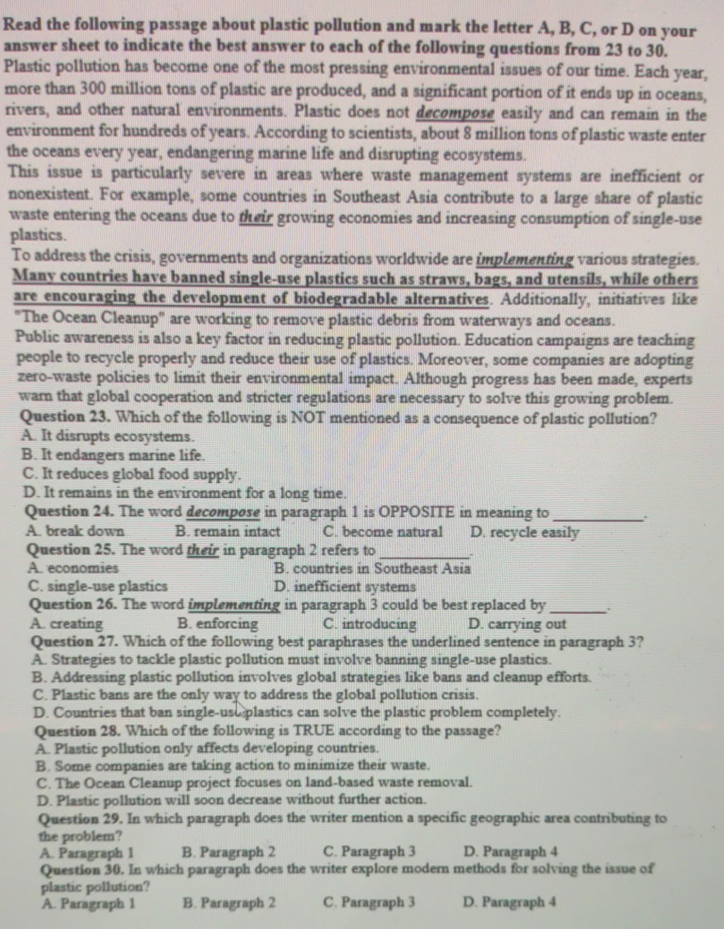 Read the following passage about plastic | StudyX