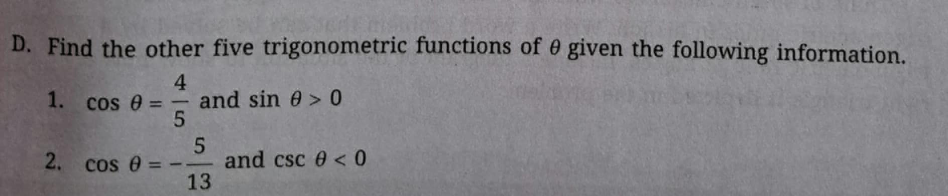 D. Find the other five trigonometric | StudyX