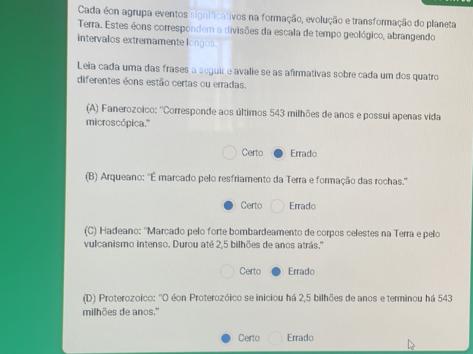 Cada éon agrupa eventos significativos na | StudyX