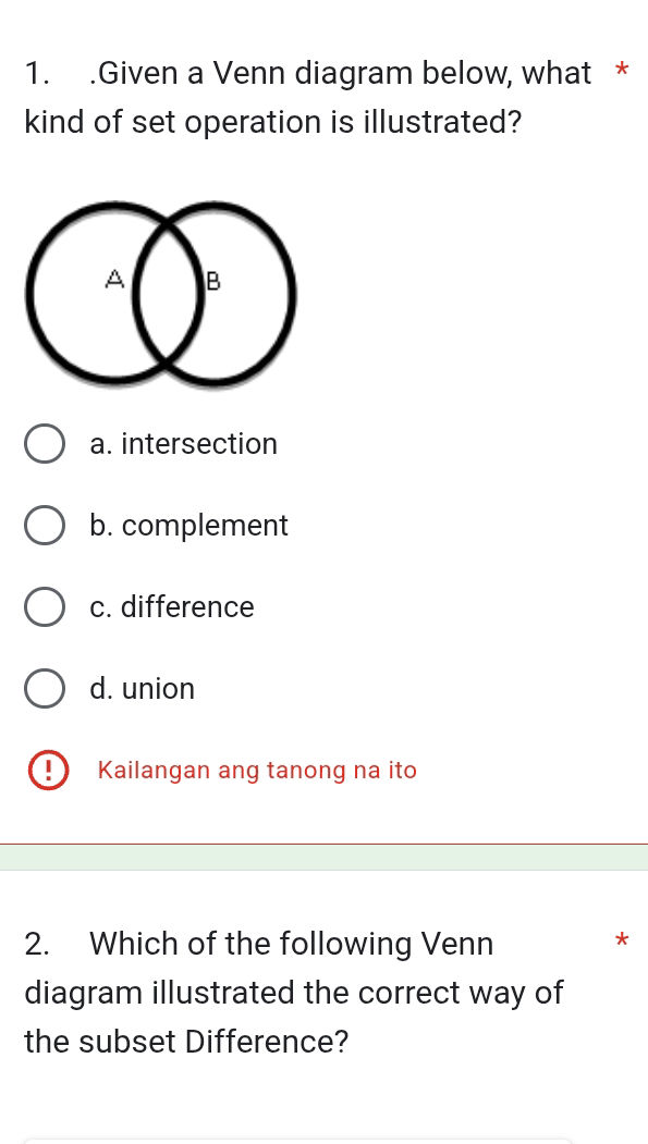 Given a Venn diagram below, what kind of set | StudyX
