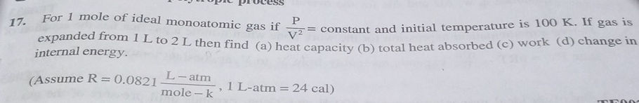 17. For 1 mole of ideal monoatomic gas if $ | StudyX