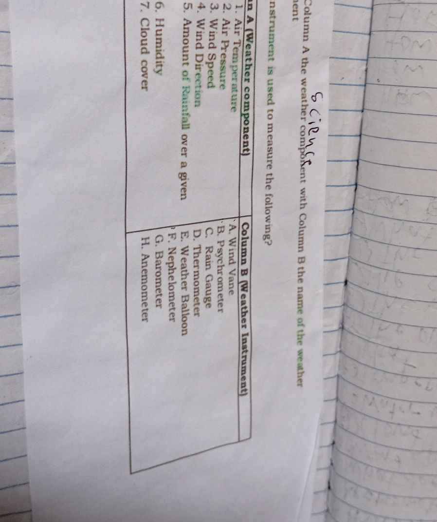 Column A the weather component with Column B | StudyX