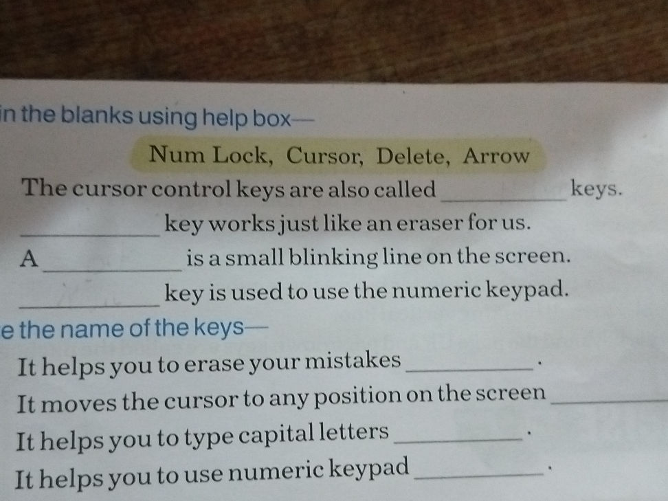 In the blanks using help box— Num Lock, | StudyX