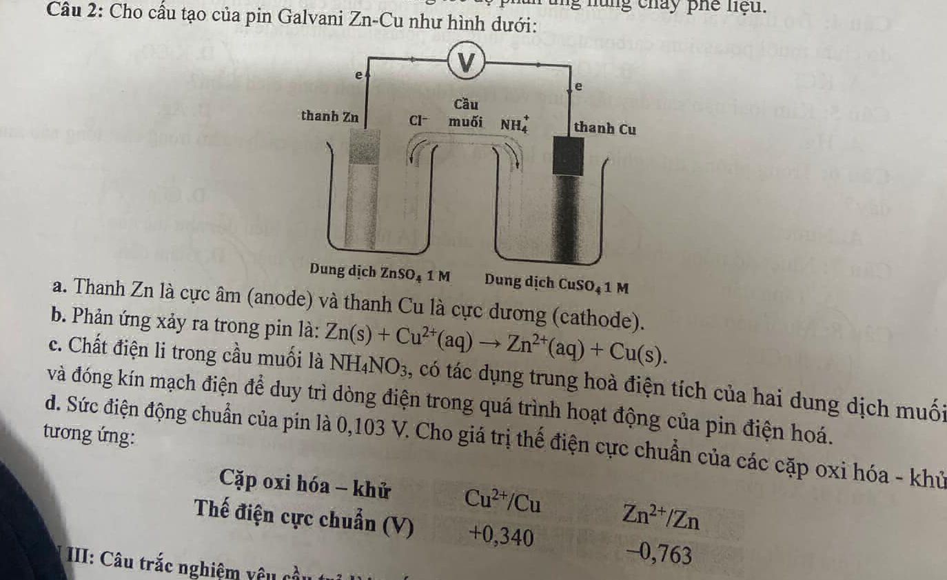 Câu 2: Cho cấu tạo của pin Galvani Zn-Cu như | StudyX